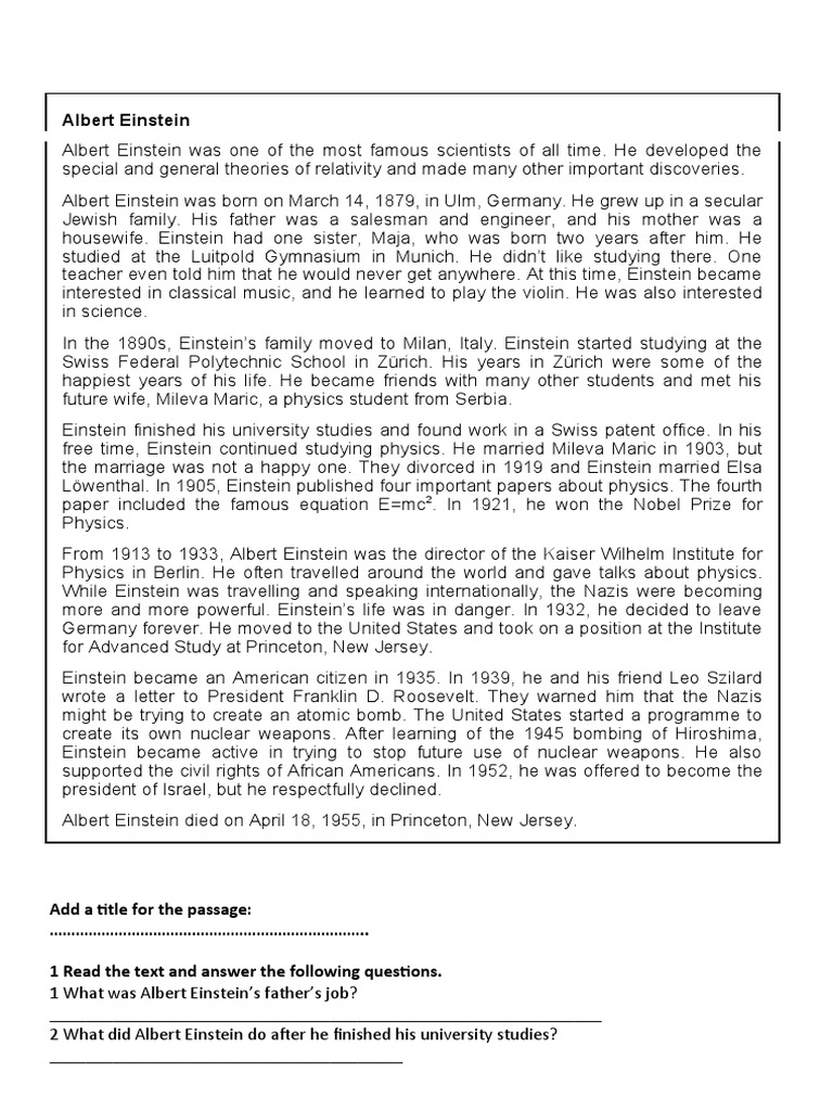 Albert Einstein Reading Reading Comprehension Exercises - 100174 | PDF ...