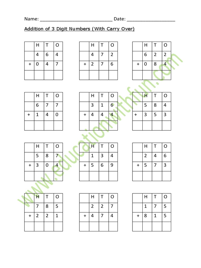 Addition of 3 Digit Numbers (With Carry Over) Worksheet 1 | PDF