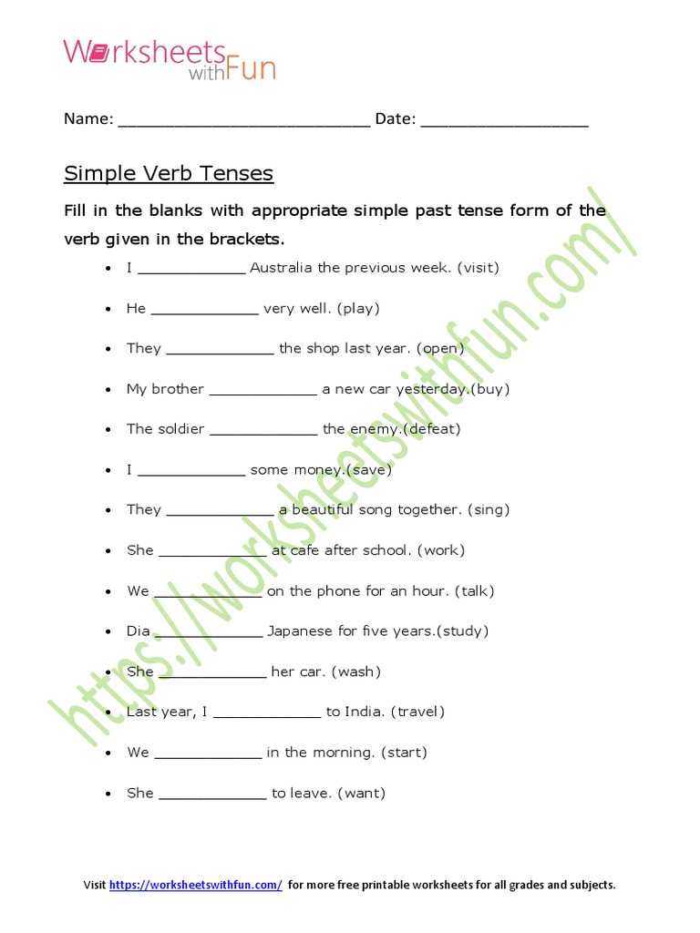 Practicing Simple Past Tense Verbs: A Worksheet for Filling in Blanks with Past Tense Forms of ...