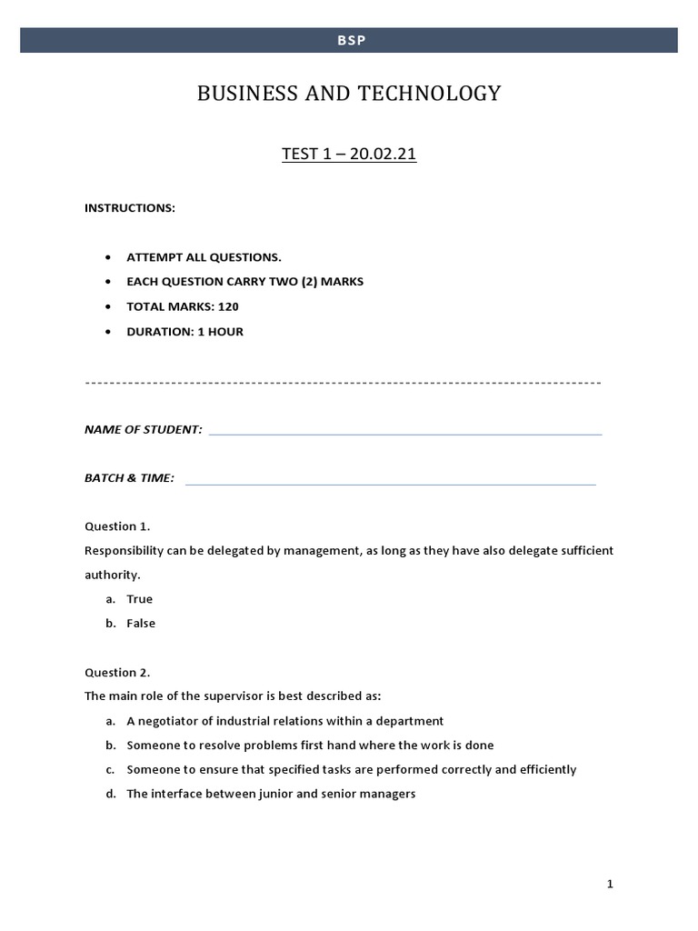 Business and Technology Test Questions | PDF | Leadership | Recruitment