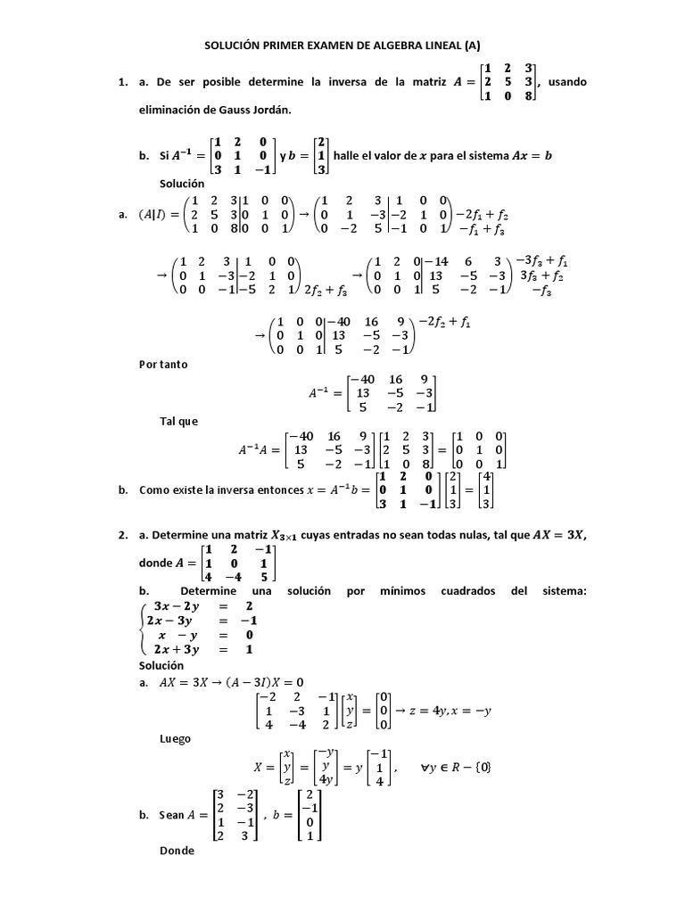 Solución Del Primer Examen Tema (A) | PDF | Matriz (Matemáticas) | Teoría de la matriz