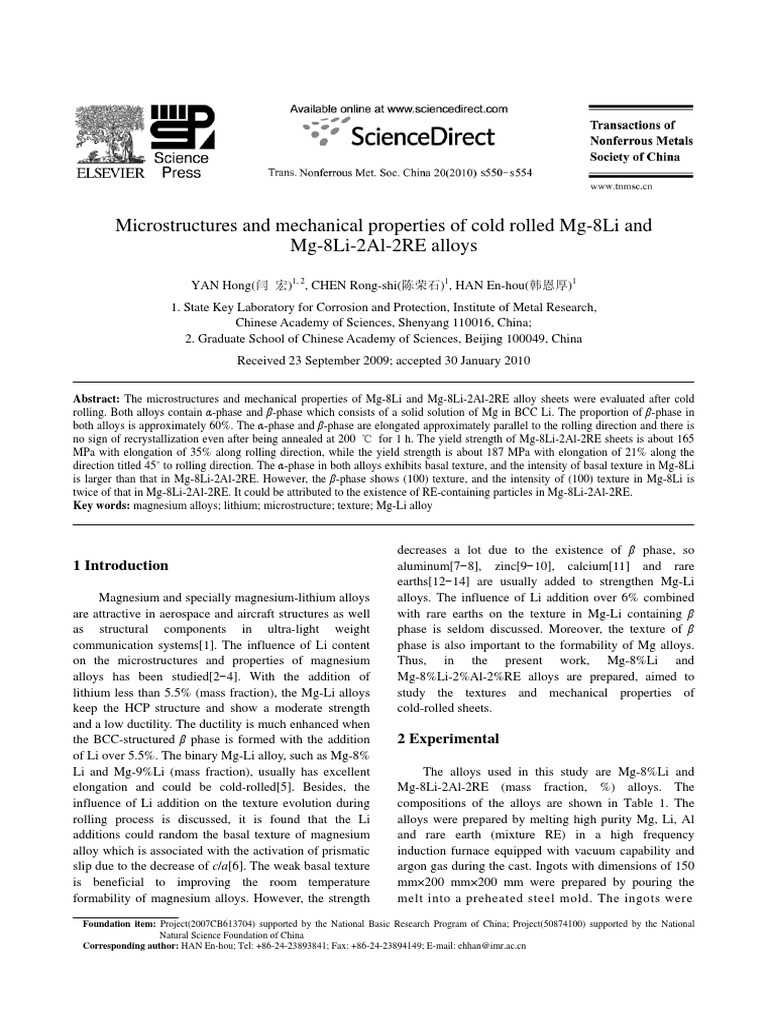 Microstructures and Mechanical Properties of Cold Rolled Mg-8Li and ...