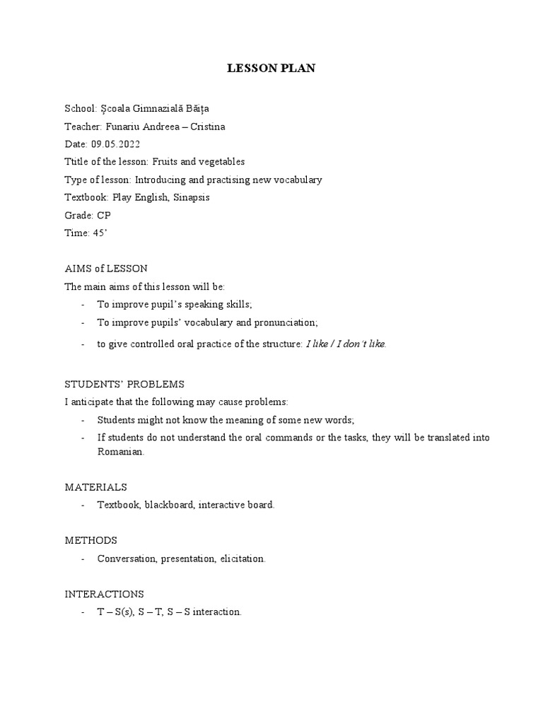 LESSON PLAN Fruits and Vegetables CP | Download Free PDF | Fruit ...