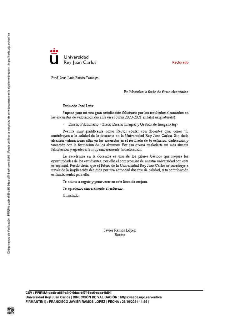Report Carta de Felicitación Rector A Jose Luis Rubio Tamayo 2021 | PDF