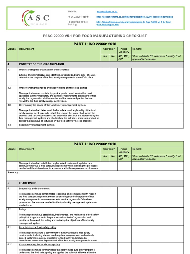 FSSC 22000 V5.1 For Food Manufacturing Checklist | PDF | Food Safety | Verification And Validation