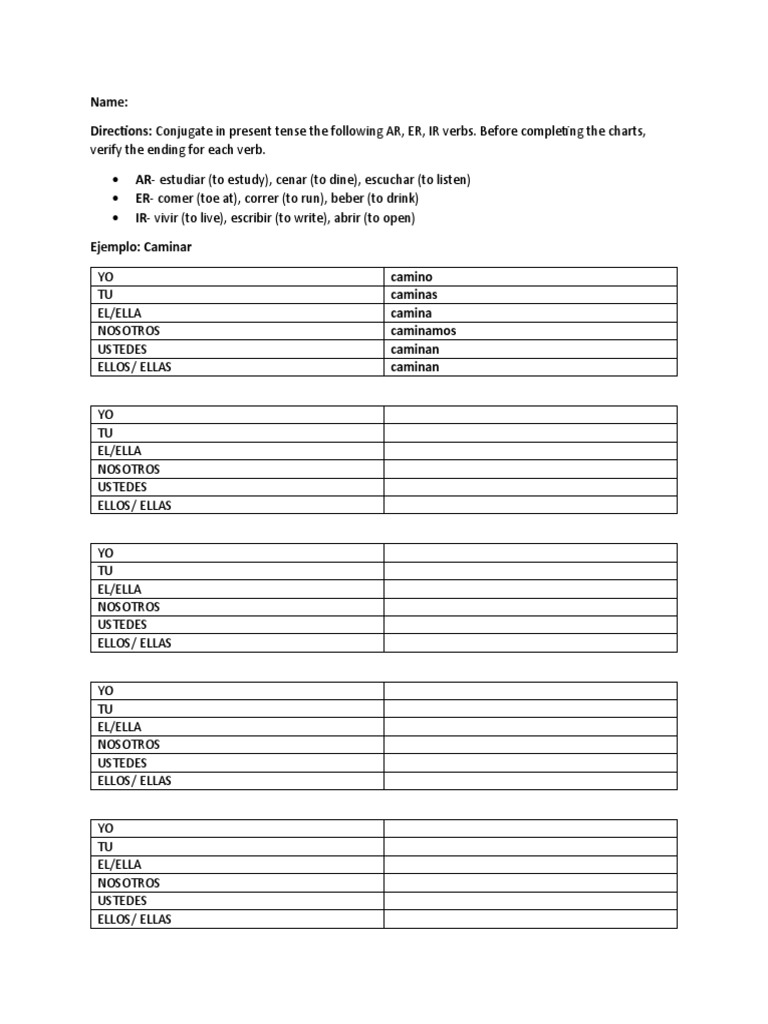 Extra Credit Ar, Er, Ir Verbs | PDF