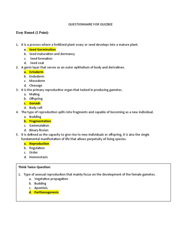 Questionnaire For Quizbee Set B | PDF | Sexual Reproduction | Reproduction