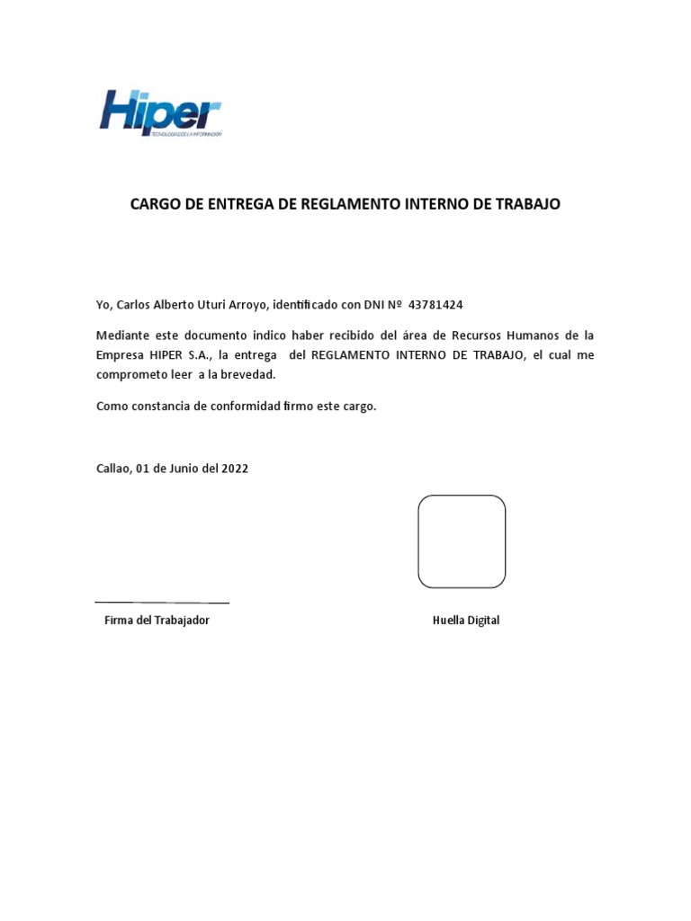 Cargo de Entrega - Reglamento Interno de Trabajo | PDF