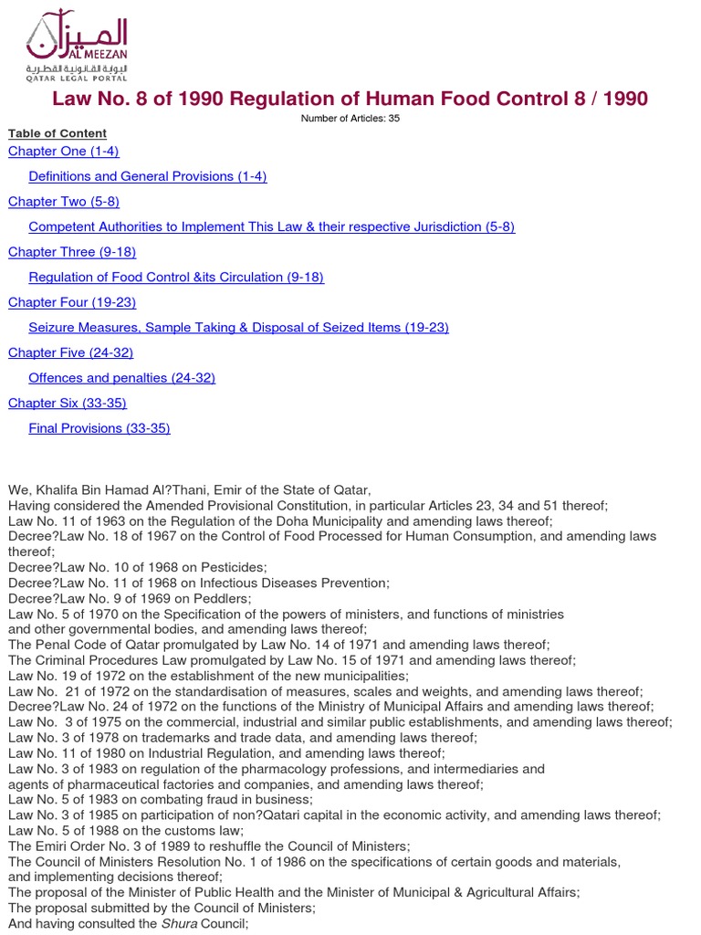 Law 8 1990 Human Food Control | PDF | Foods | Infection