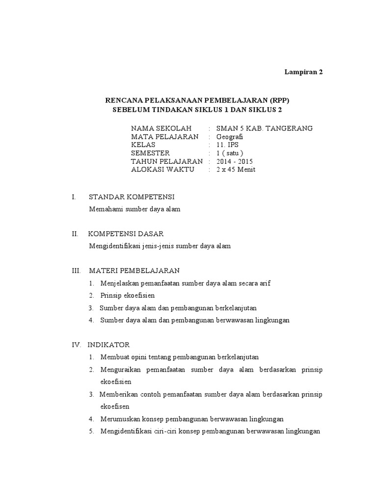 RPP Geografi Kelas 11: Sumber Daya Alam | PDF
