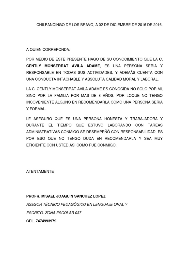 Carta de Recomendacion Cently | PDF