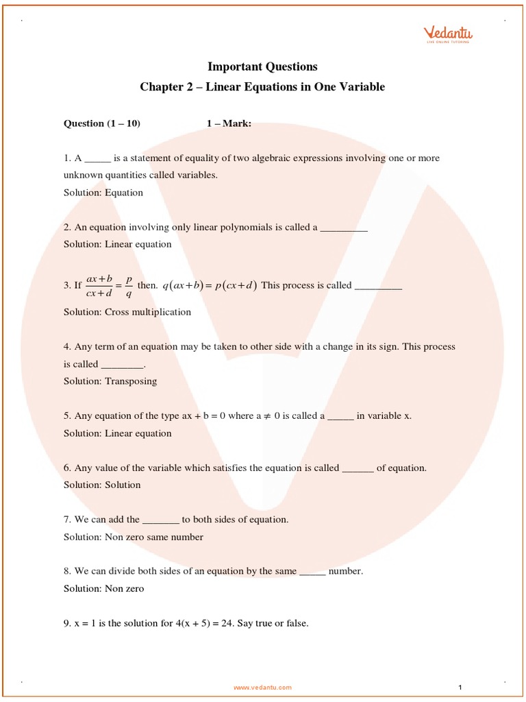 Linear Equations in One Variable: Key Concepts and Solved Examples | PDF | Equations | Variable ...