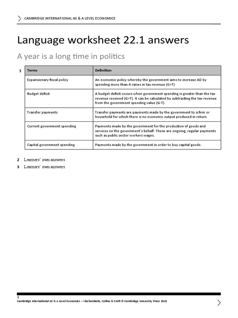 ASAL Economics Lang Worksheet 22.1 Answers | PDF