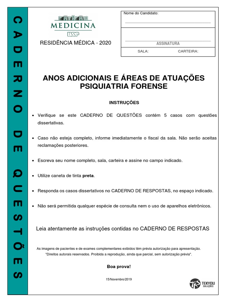FMUSP20-Prova-051-Psiquiatria Forense | PDF | Psiquiatria | Distúrbio mental