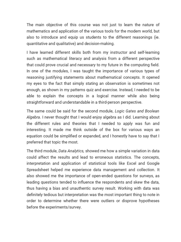 MMW Reflection | PDF | Mathematics | Statistics