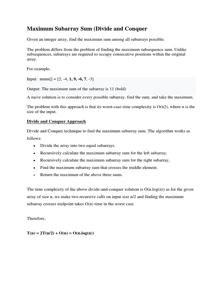 Maximum Subarray Sum | PDF | Teaching Methods & Materials