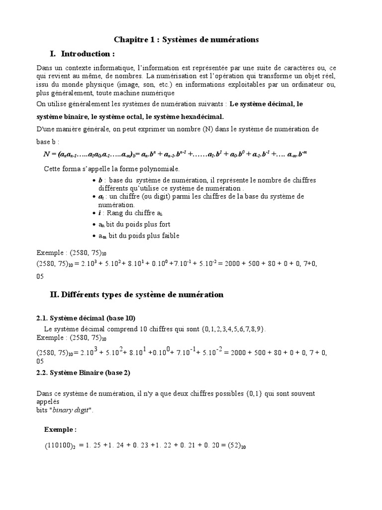 Chapitre 1 Systèmes de Numérations | PDF | Décimal codé binaire | Ingénierie informatique