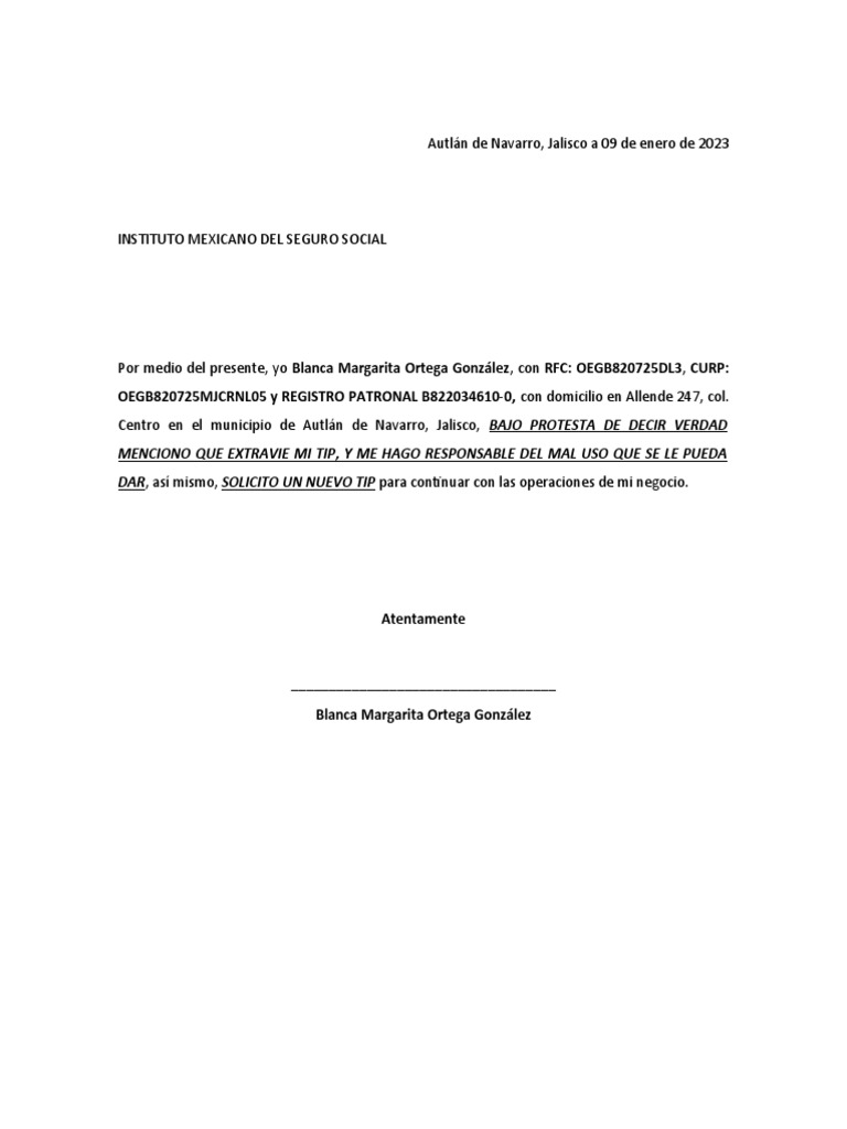 Carta Reposicion Tarjeta Patronal | PDF