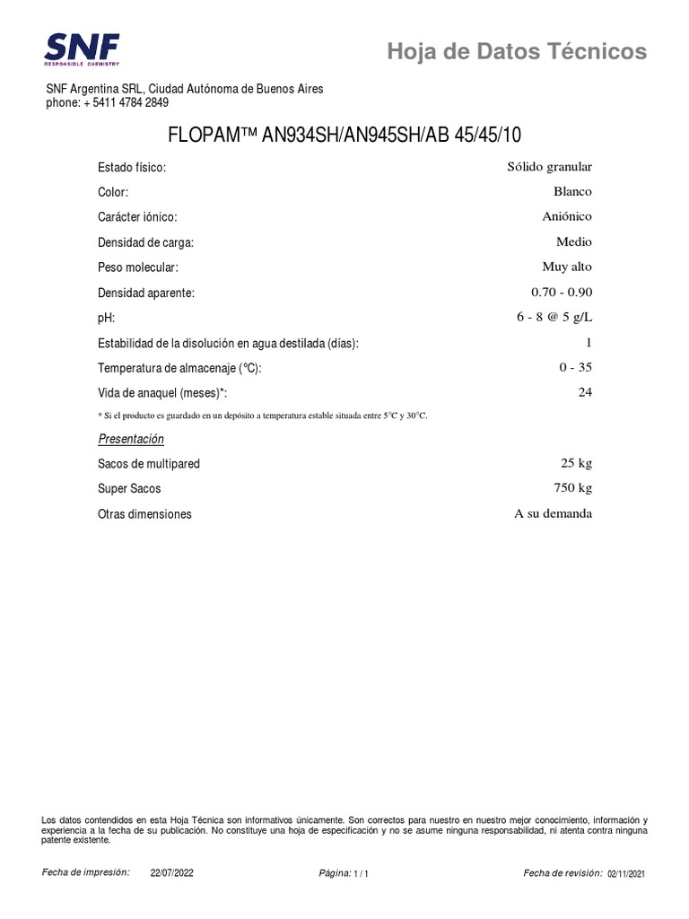 Flopam™ An934sh-An945sh-Ab 45-45-10 - GHS - MS - TDS | PDF | Química | Ciencias fisicas