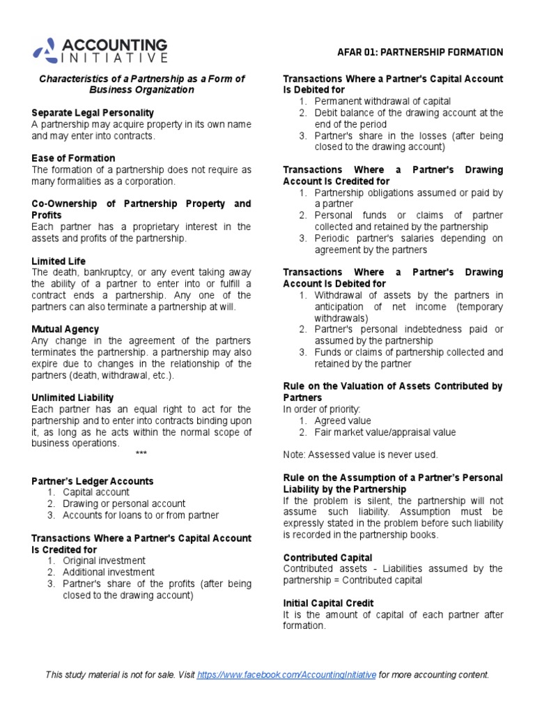 AFAR 01 Partnership Formation | PDF | Partnership | Debits And Credits