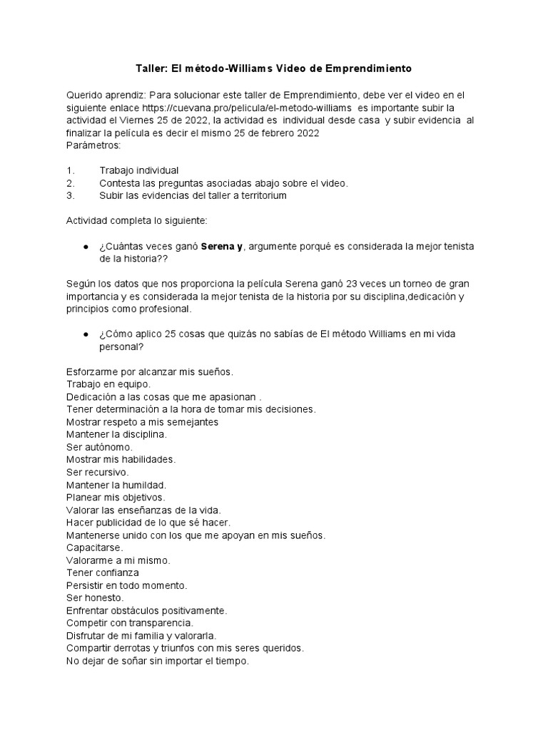 Taller - El Método-Williams Video de Emprendimiento | PDF