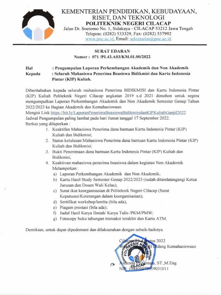 Surat Edaran Pengumpulan Laporan Perkembangan Akademik Dan Non Akademik Bagi Penerima Beasiswa ...