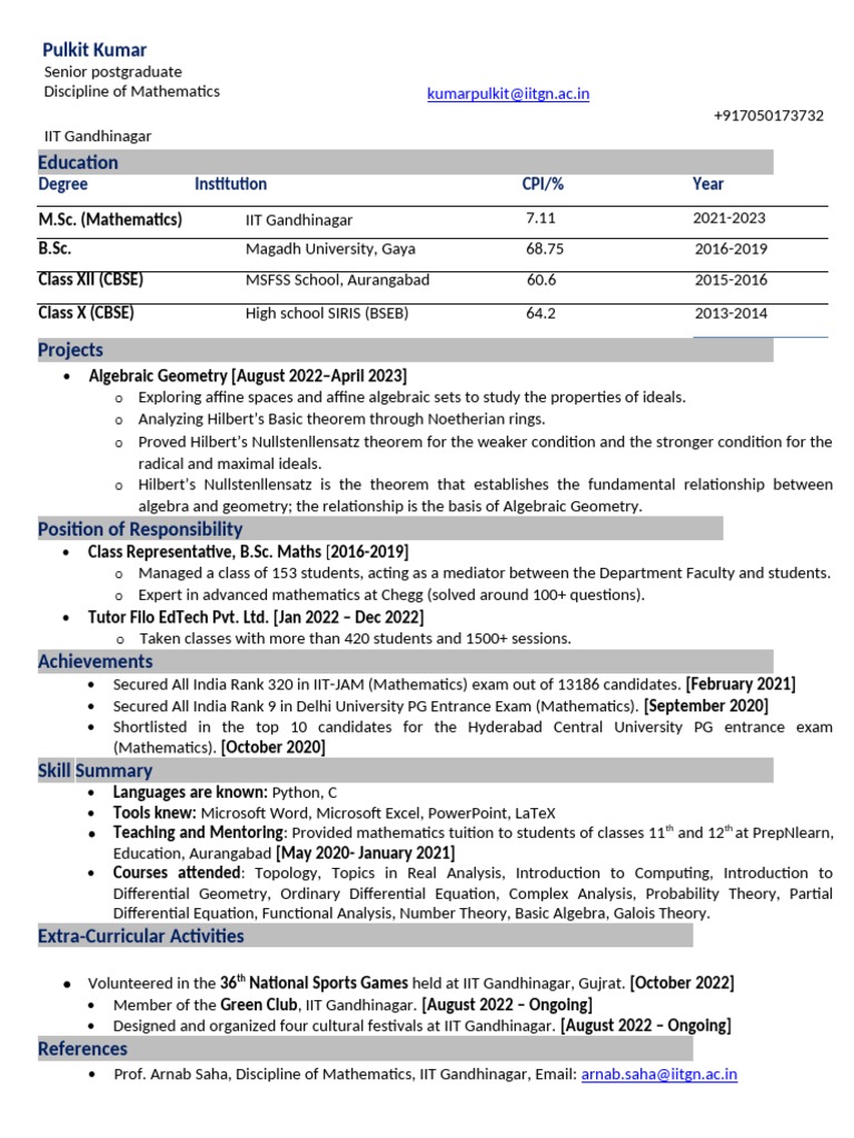 Pulkit Kumar's Resume: A Comprehensive Profile of an Accomplished Postgraduate Student of ...