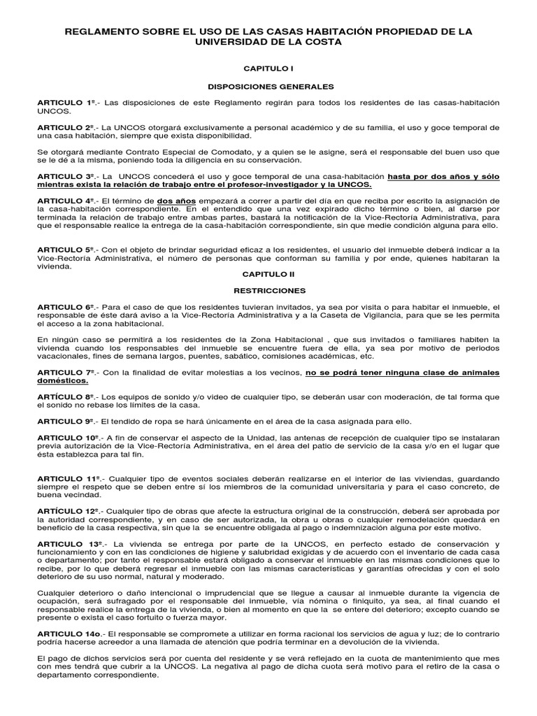 Reglamento de Casas UNCOS | PDF | Hogar, jardinería y bricolaje