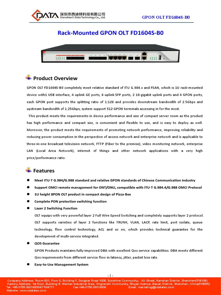 OLT CDATA - FD1604S-B0-Datasheet-V1.0 | PDF | Computer Network | Internet Protocols