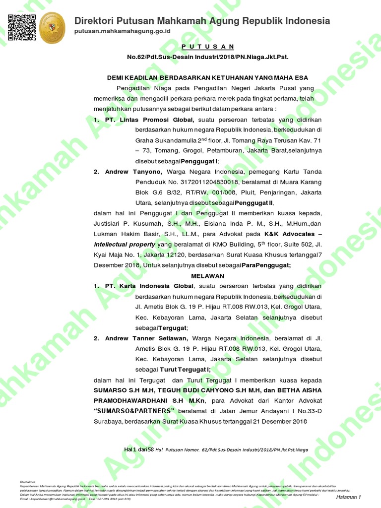Putusan 62 PDT - Sus-Desain Industri 2018 PN - Niaga.jkt - Pst. 20201221 | PDF