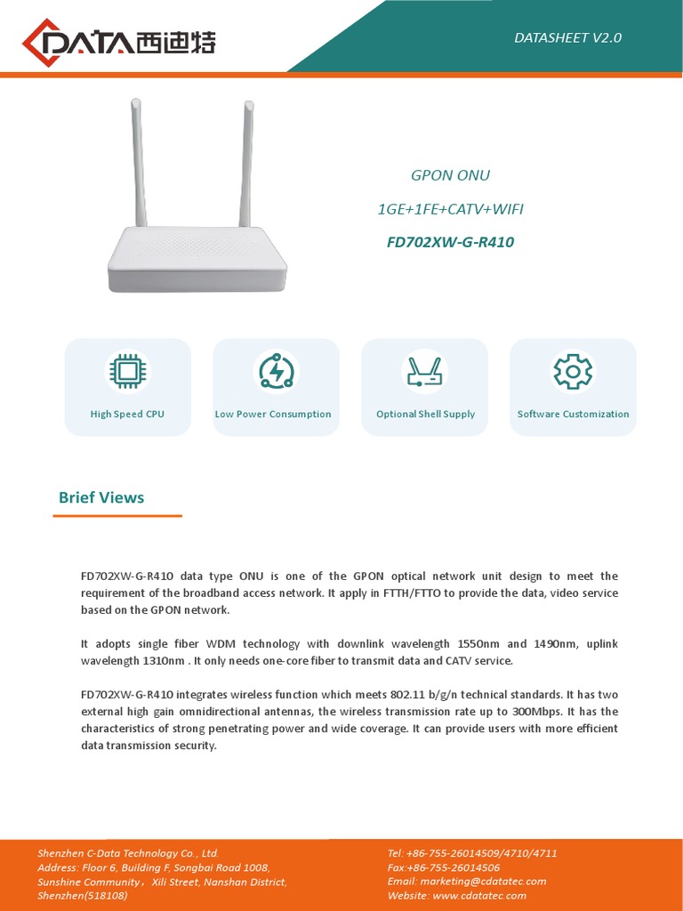 Onu C-Data FD702XW-G-R410 1ge1fecatvwifi-Gpon-Onu | PDF