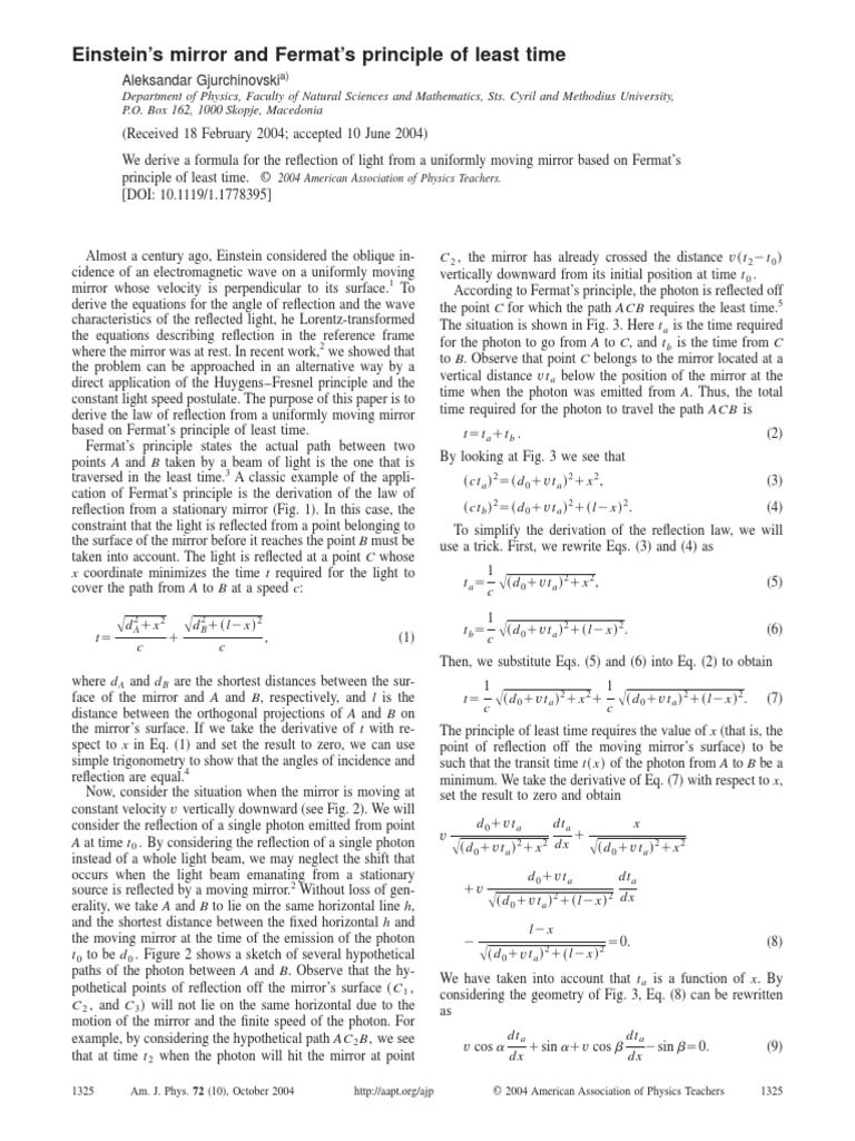 Einstein Mirror and Fermat's Principle of Least Time | PDF | Reflection (Physics) | Photon