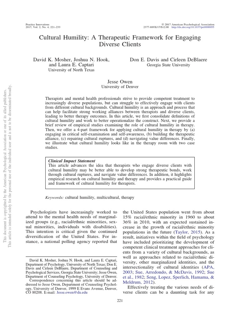 Therapeutic Framework and Diversity | PDF | Psychotherapy | Counseling ...