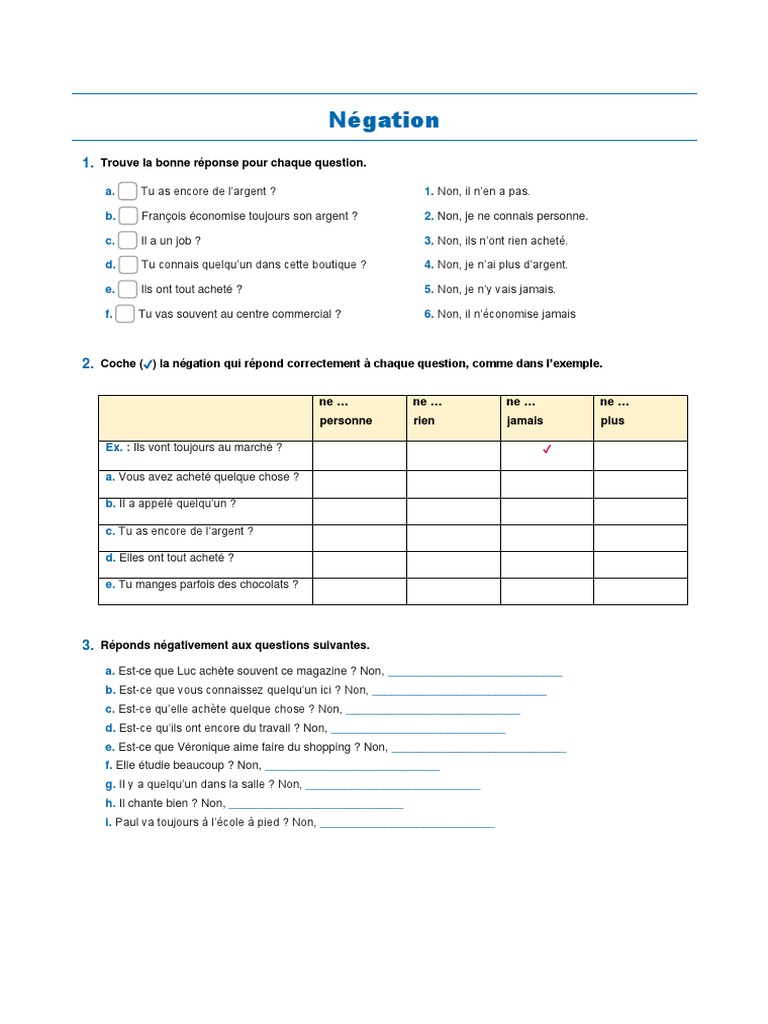 Exercices de négation en français | PDF | Arts du langage et discipline ...