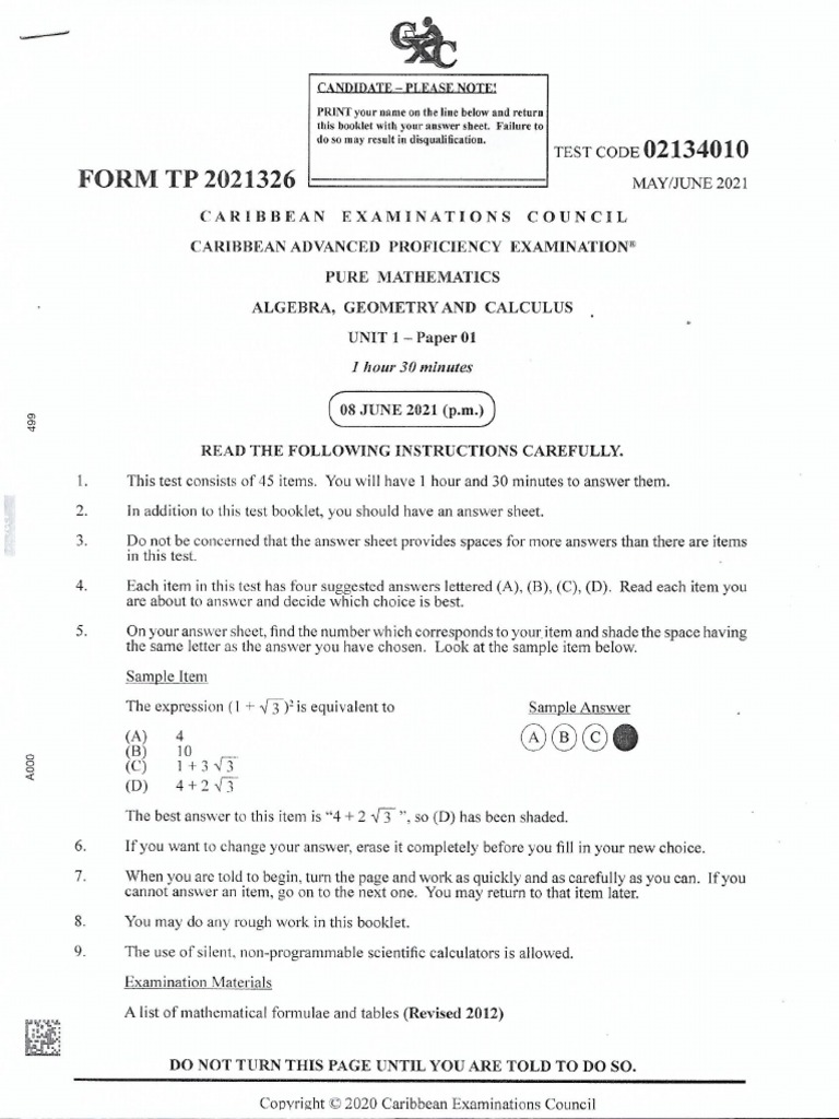 Pure Math Unit 1 2021 - Paper 01 | PDF