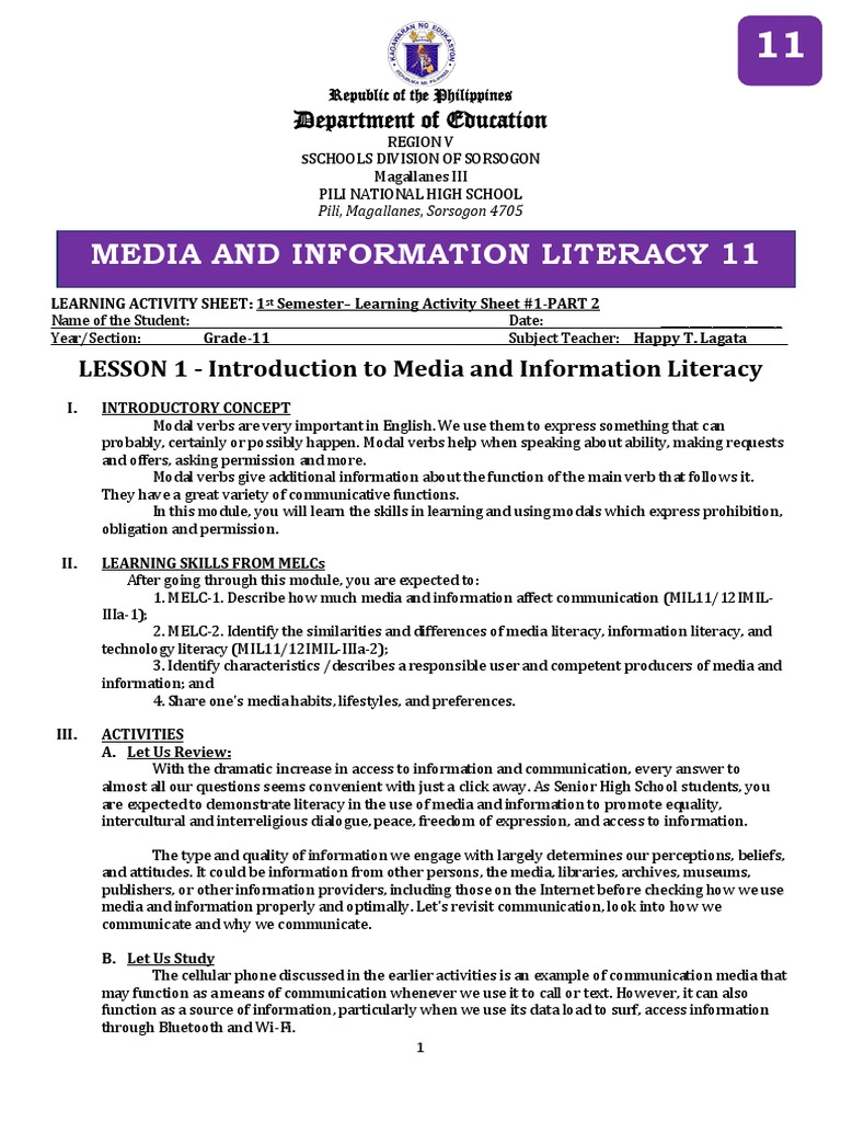 MIL 11-Q1-LAS 1 Part-2 | PDF | Information Literacy | Mass Media