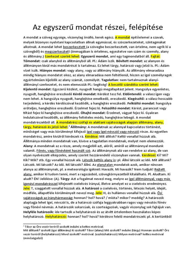 Az Egyszerű Mondat Részei | PDF