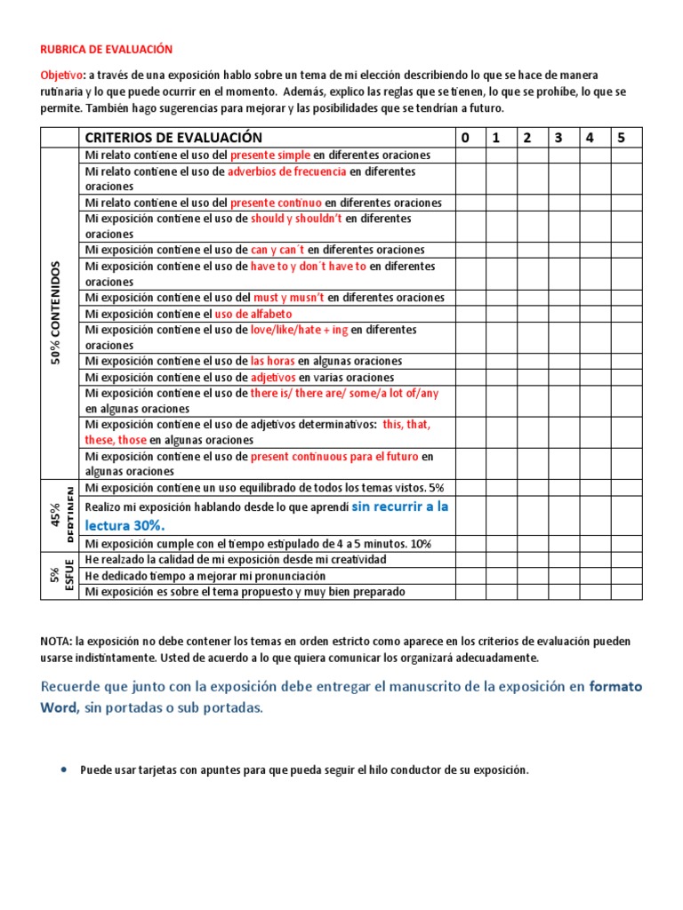 RUBRICA DE EVALUACIÓN Ingles 1 2022 | PDF | Lingüística