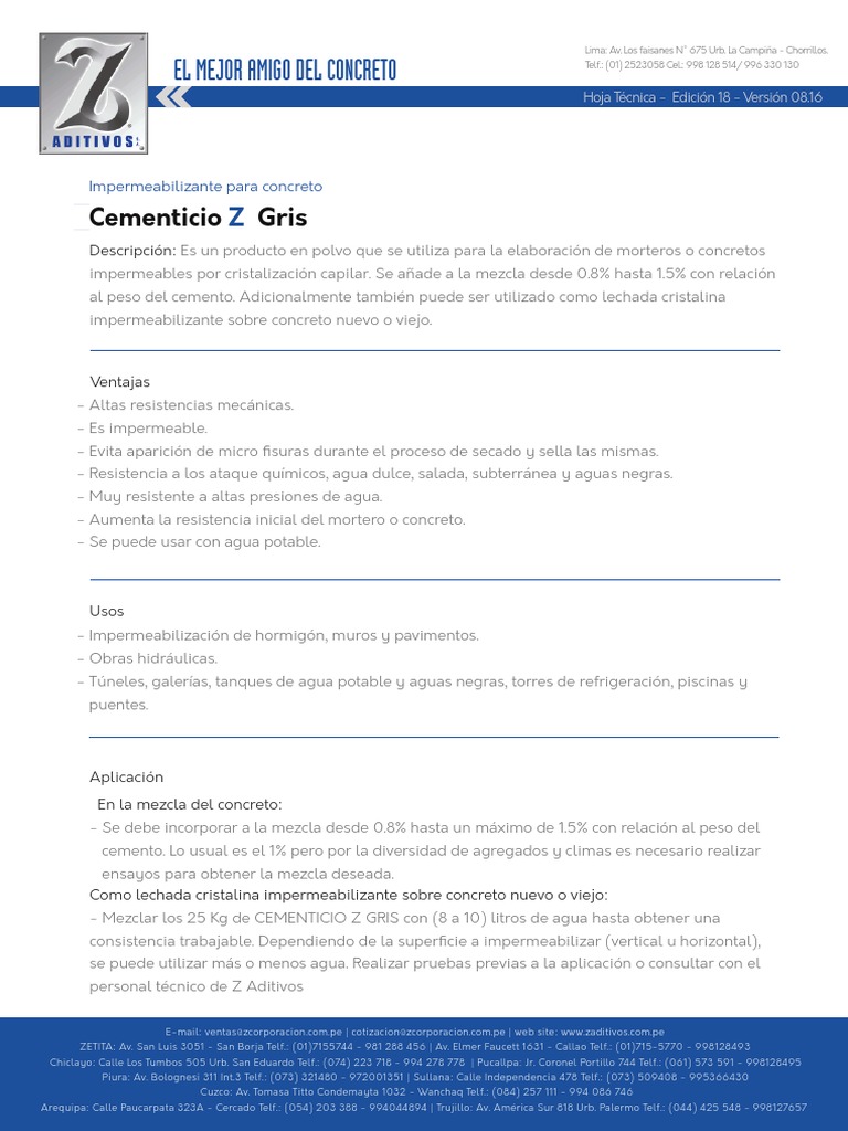 Impermeabilizante Cementicio Z Gris | PDF | Hormigón | Albañilería