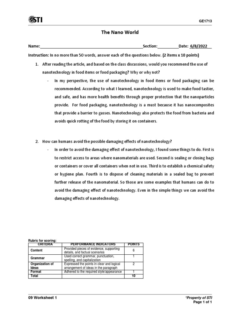 09 Worksheet 1 | PDF | Nanotechnology | Nanomaterials