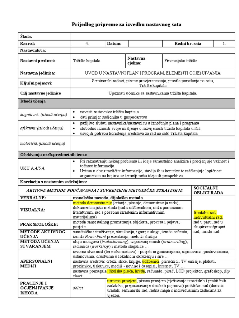 SK 1. Uvod U Nastavni Plan I Program, Elementi Ocjenjivanja | PDF