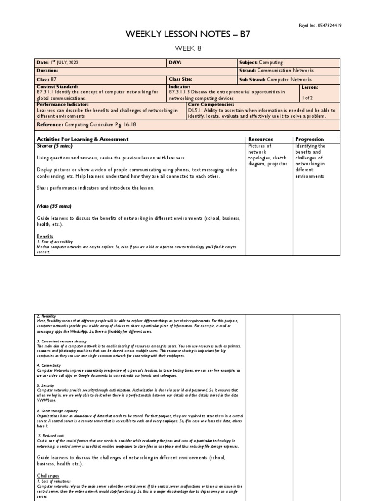 Fayol Inc. Weekly Computing Lesson Notes | PDF | Computer Network ...