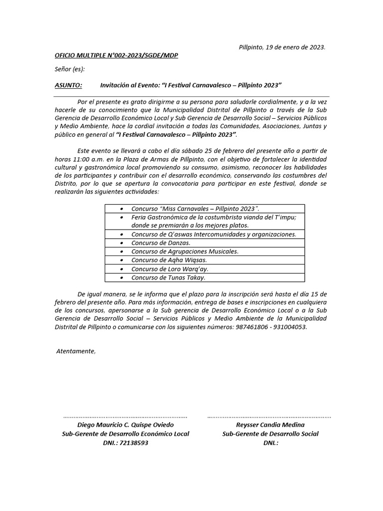 Oficio N°002 Festival Carnavalesco | PDF