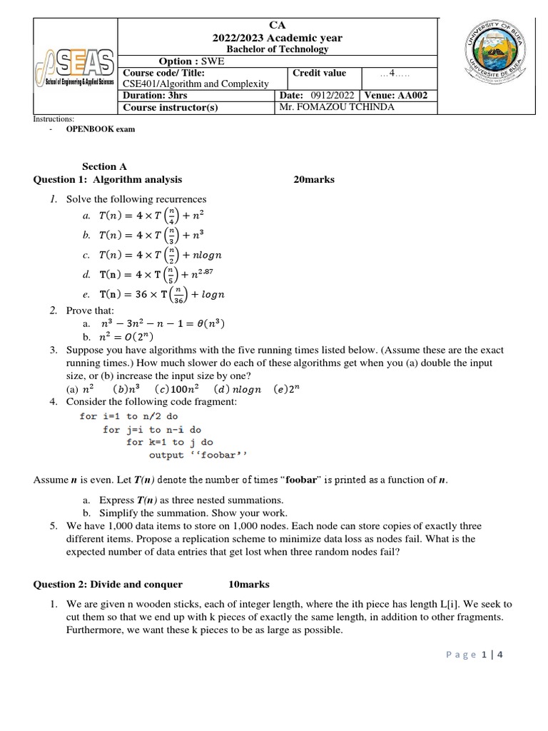 AlgorithmComplexityCA Correction | PDF | Algorithms | Dynamic Programming