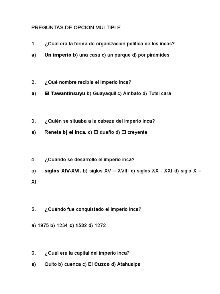 Preguntas de Opcion Multiple | PDF | Imperio Inca | Andes