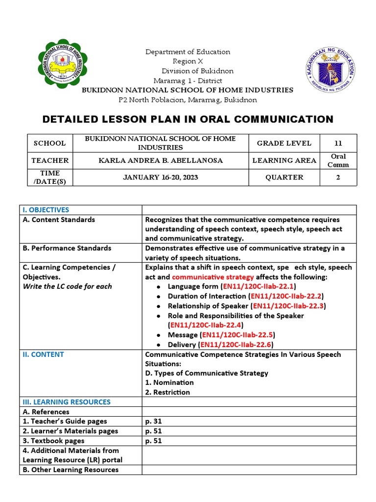 LC 8b Oral Comm Lesson Plan | PDF | Learning | Teaching Method