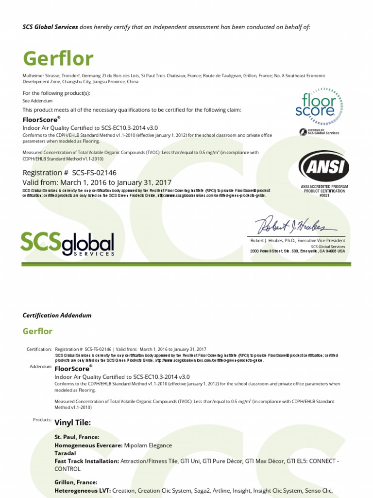 gerflor-2016-scs-fs-02146-tiles-s2 | PDF | Certification | Volatile Organic Compound