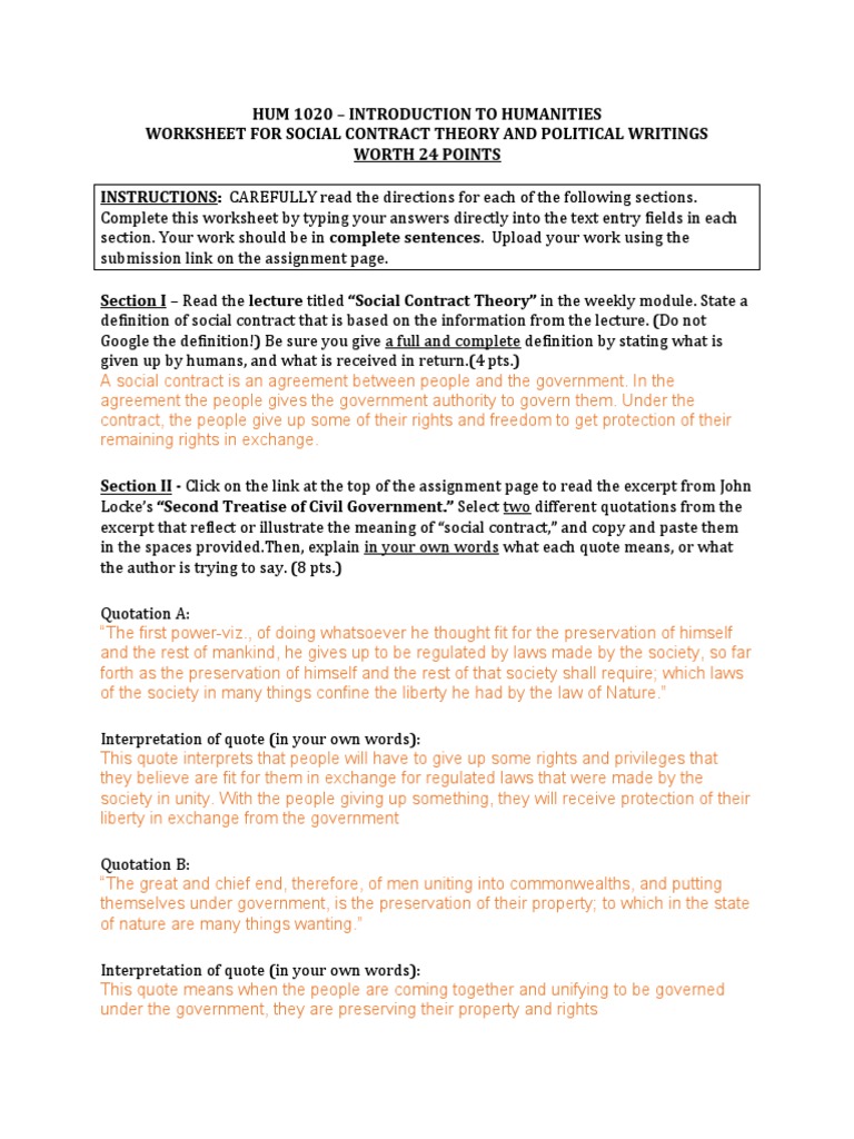 Social Contract Theory Worksheet | PDF | Applied Ethics | Justice