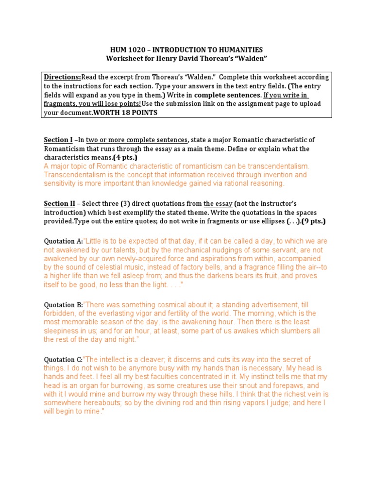 Thoreau Worksheet Entry Fields | Download Free PDF | Walden | Henry ...