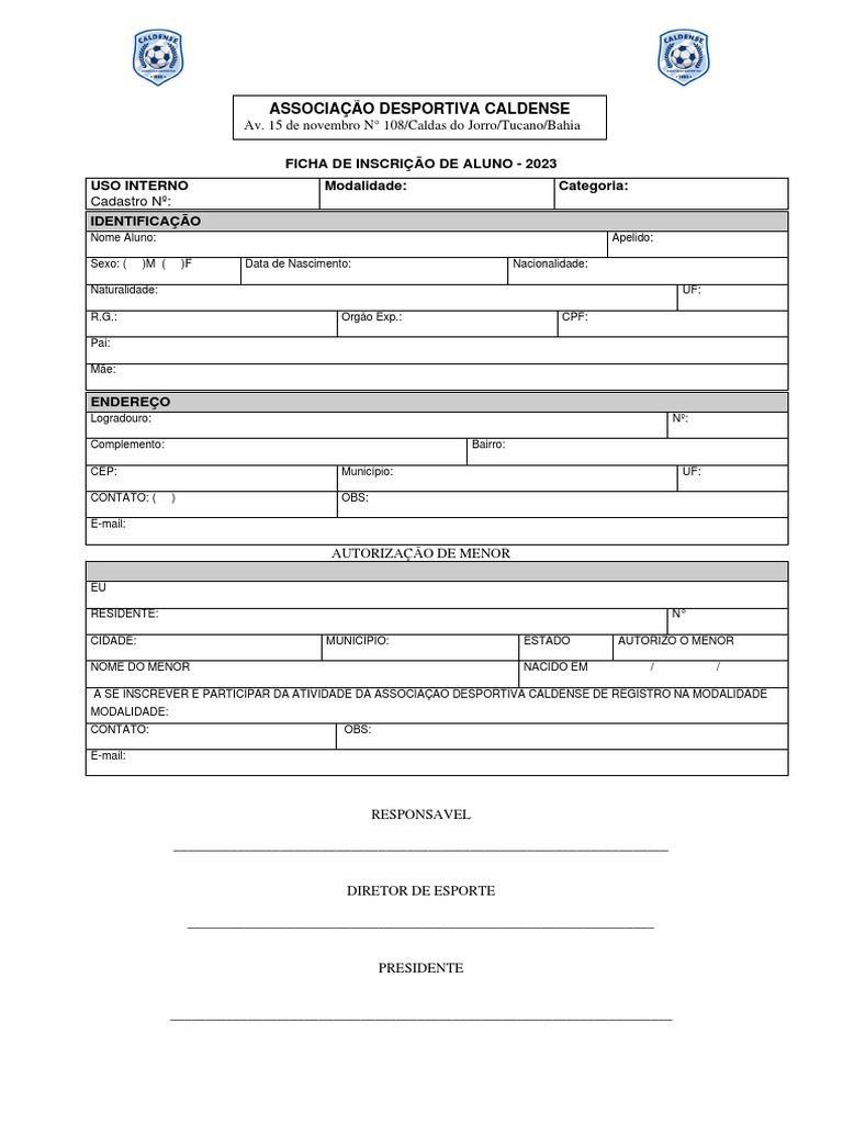 Ficha de Inscrição Da Associação Desportiva Caldense | PDF